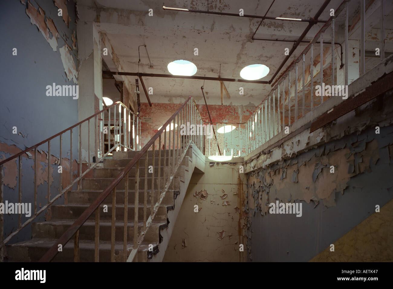 Derelict Brynmawr Rubber Factory stairwell Stock Photo - Alamy