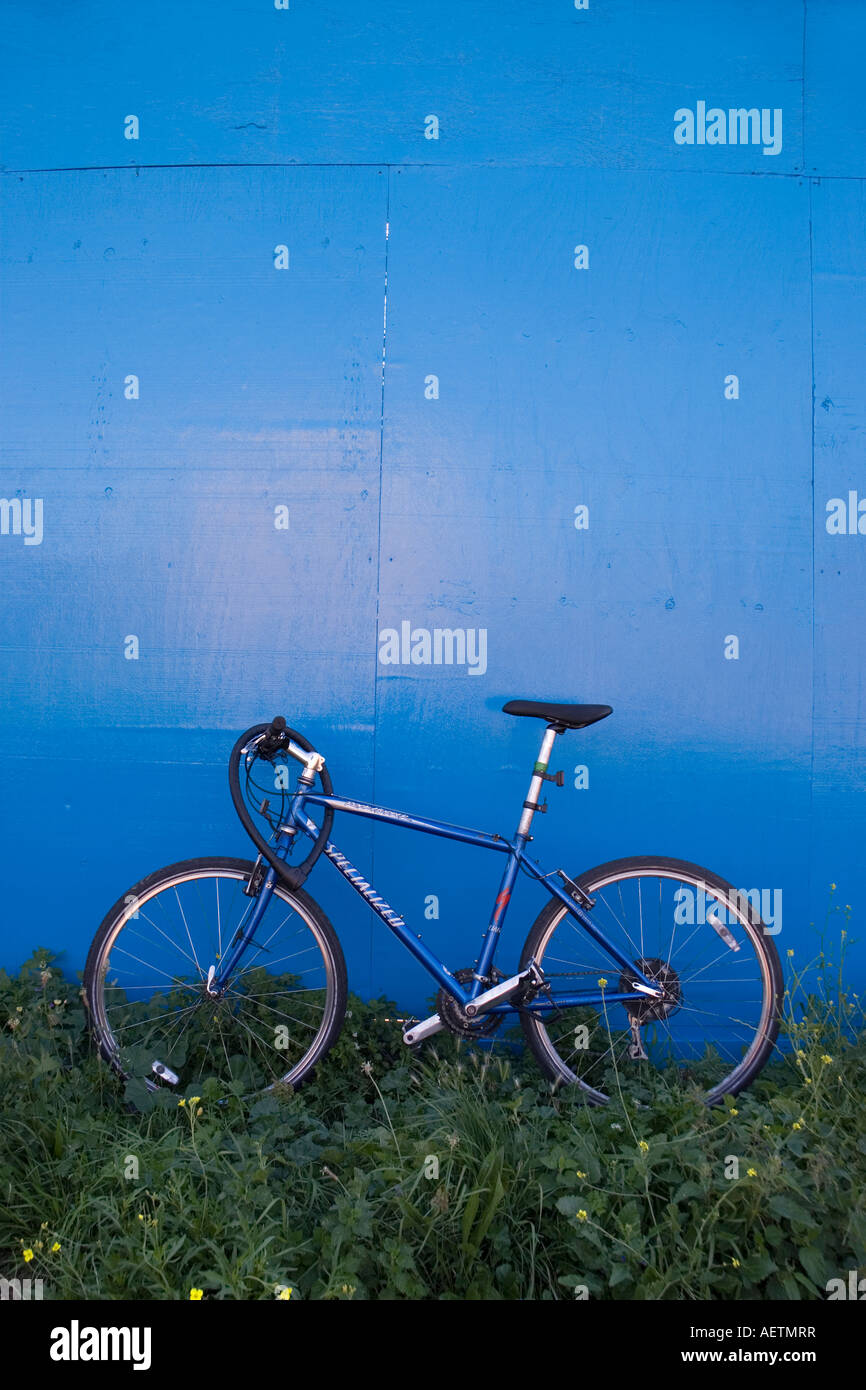 A blue bicycle leaning against a bright blue wooden hoarding Stock ...