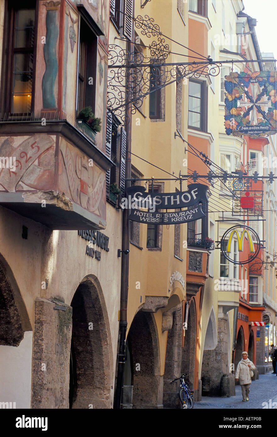 Shop signs overhanging street Innsbruck Tyrol Austria Europe Stock ...