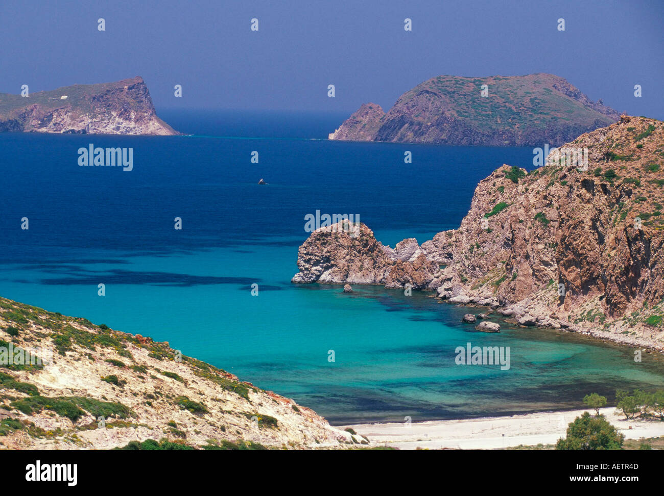 Aerial view of Plathiena beach and rocks north of Plaka Milos Cyclades ...
