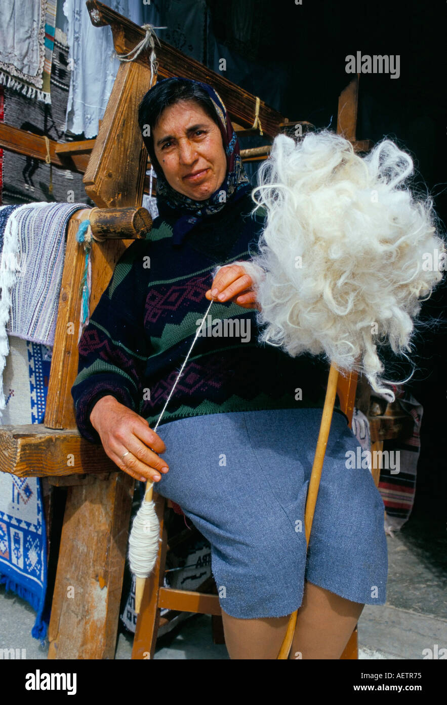 Local weaver spinning wool Lassithi Plateau island of Crete Greece ...