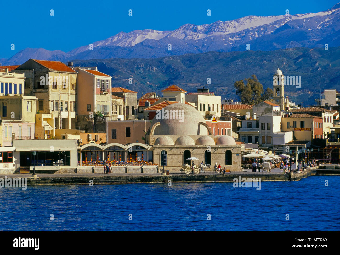 Hania Chania seafront and Levka Ori White Mountains in the background ...