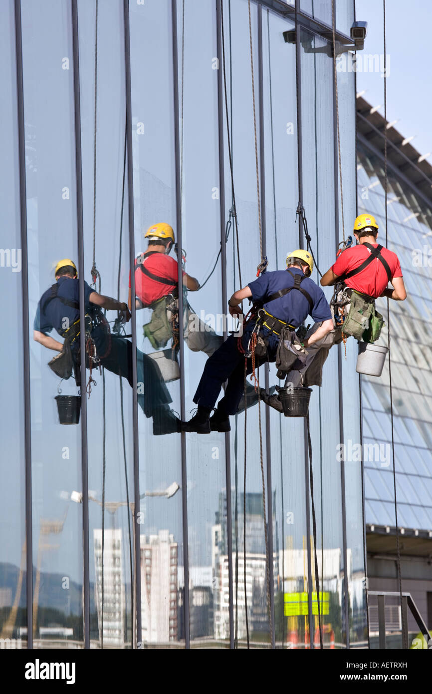 Window cleaners abseiling down a modern office block, Glasgow, Scotland ...