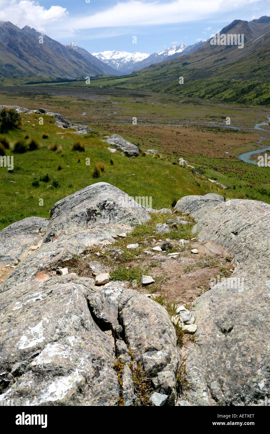 Rocks on Mount Sunday, looking towards Froude Range and Mount Jollie ...