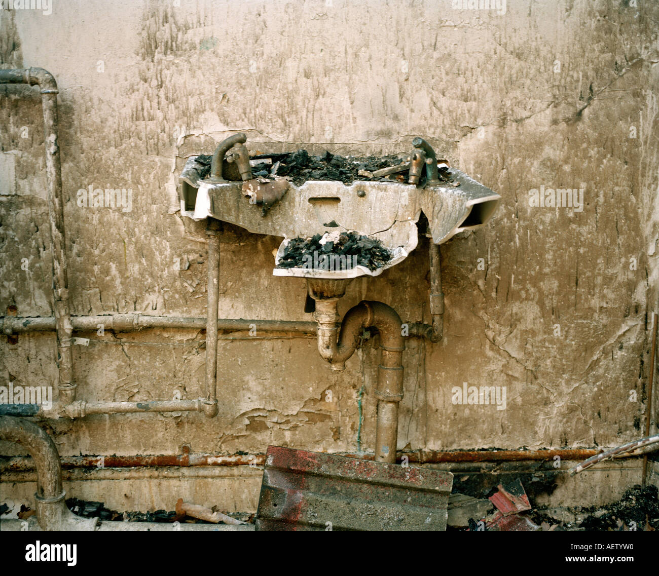 Smashed sink in fire damaged changing room Gunnersbury Park, London ...
