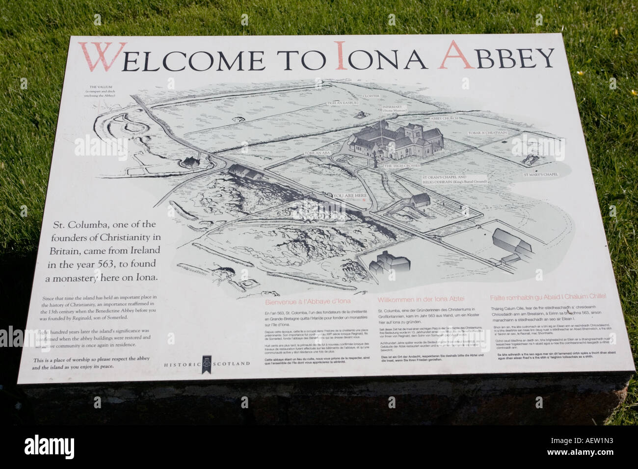 Welcome plaque with map of Iona Abbey Island off south coast of Isle of ...