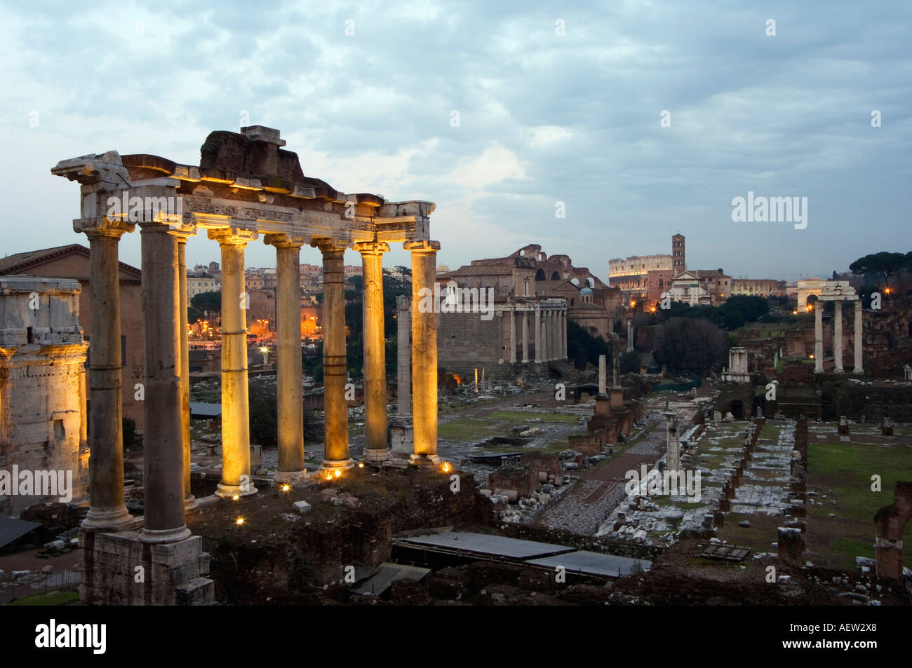 The Colosseum marble column ruins dusk night the Forum Rome Italy ...
