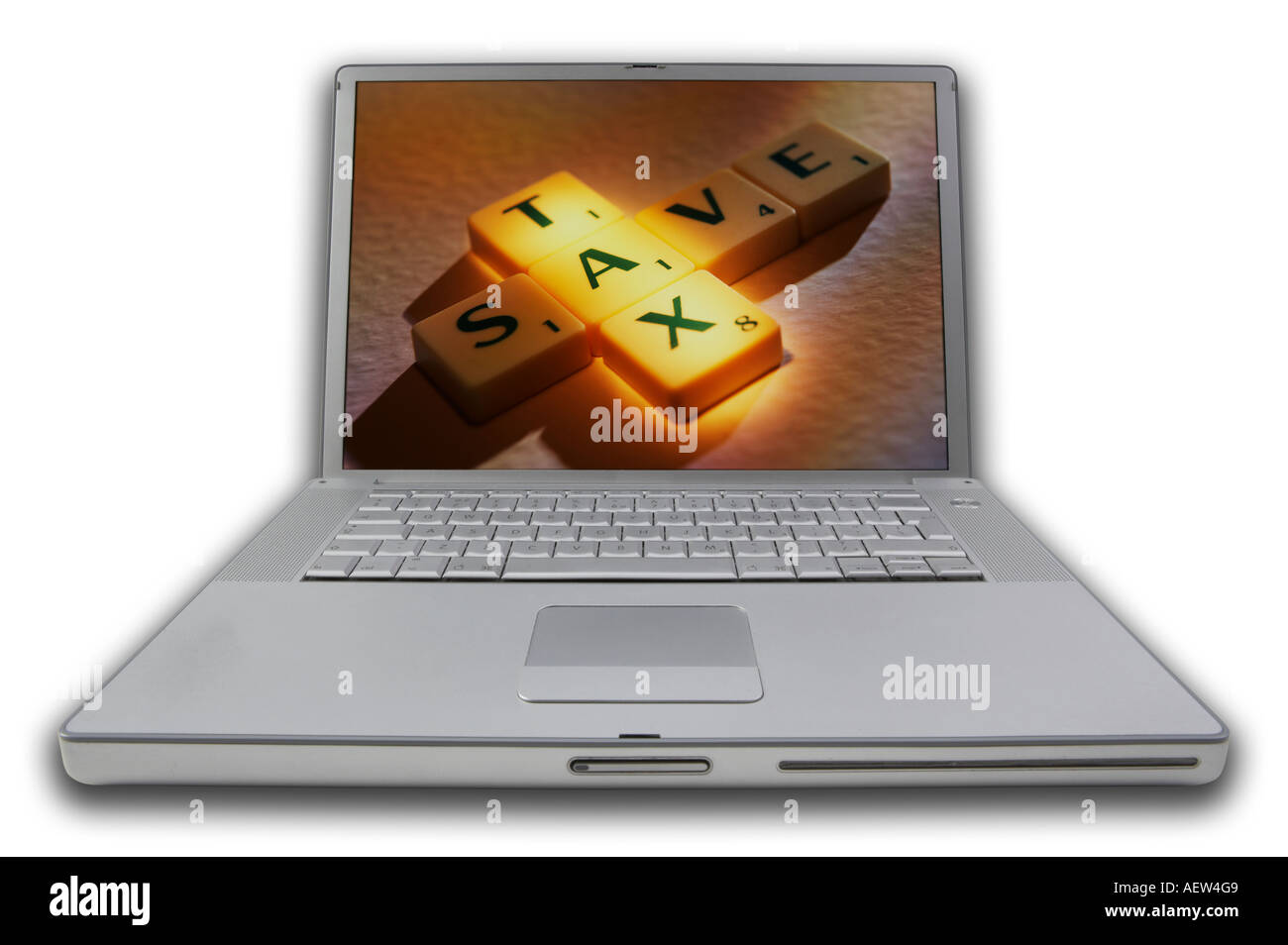 LAP TOP COMPUTER WITH SCRABBLE LETTERS ON SCREEN SPELLING WORDS TAX ...