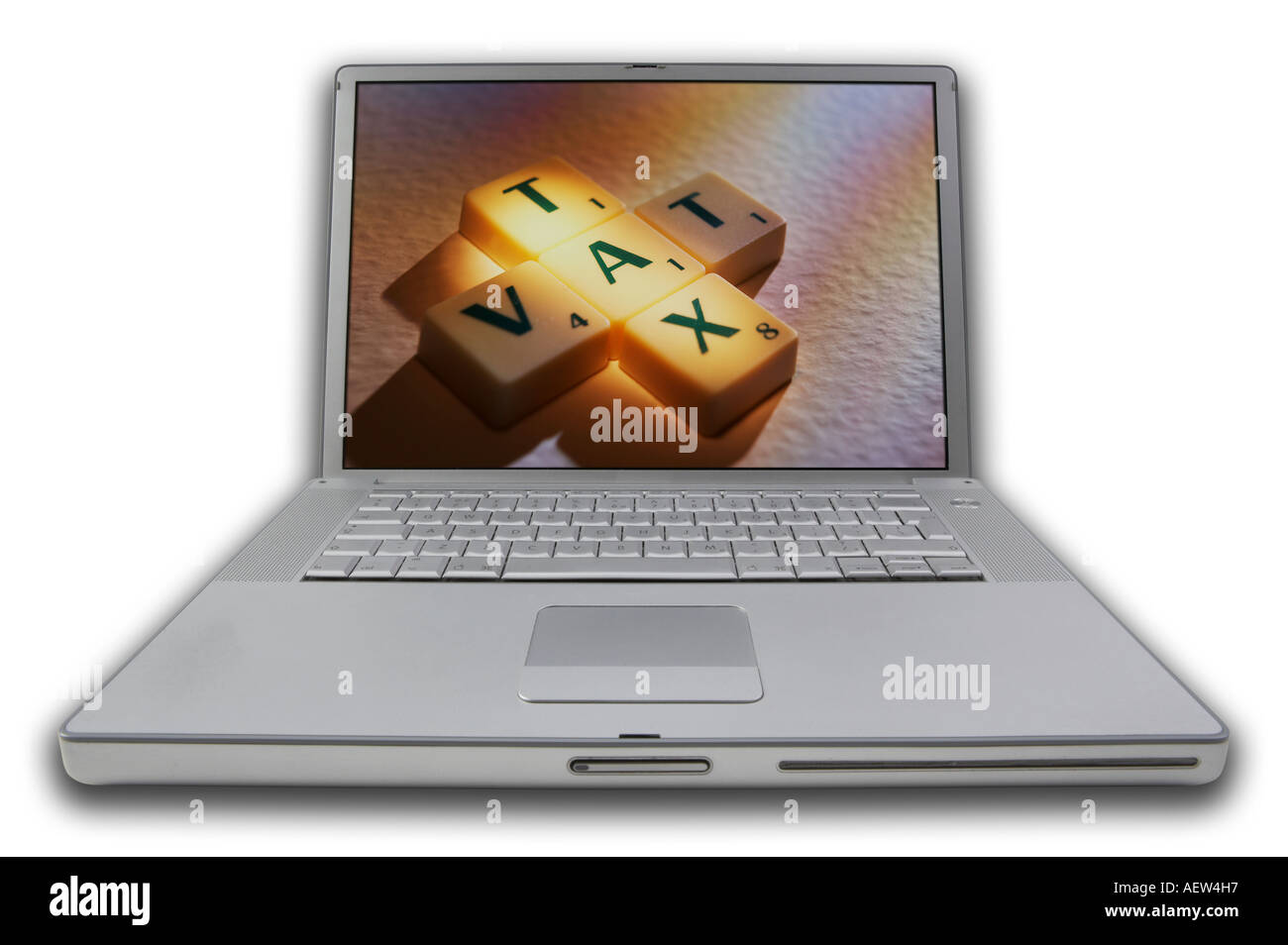 LAP TOP COMPUTER WITH SCRABBLE LETTERS ON SCREEN SPELLING WORDS TAX VAT ...