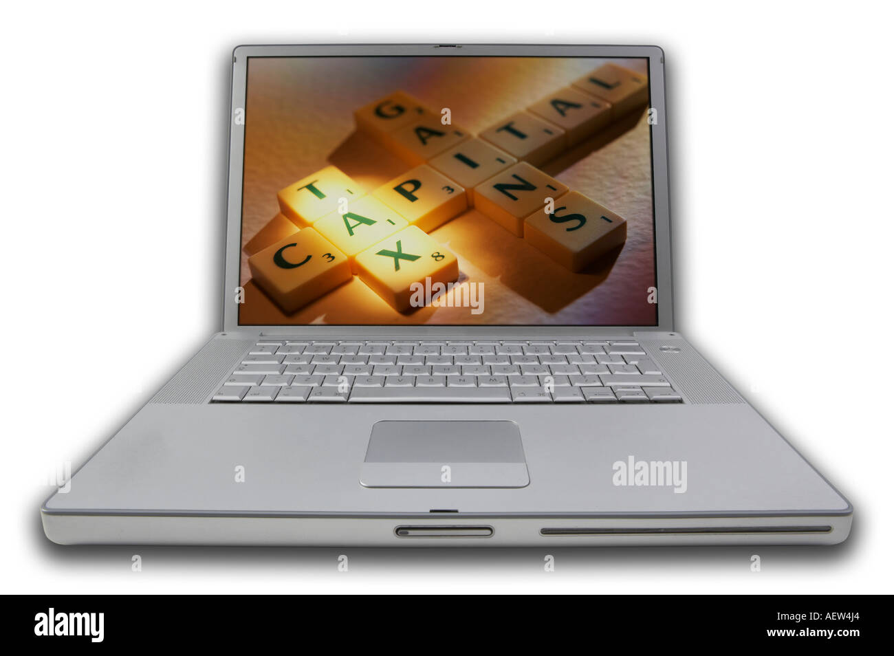 LAP TOP COMPUTER WITH SCRABBLE LETTERS ON SCREEN SPELLING WORDS CAPITAL ...