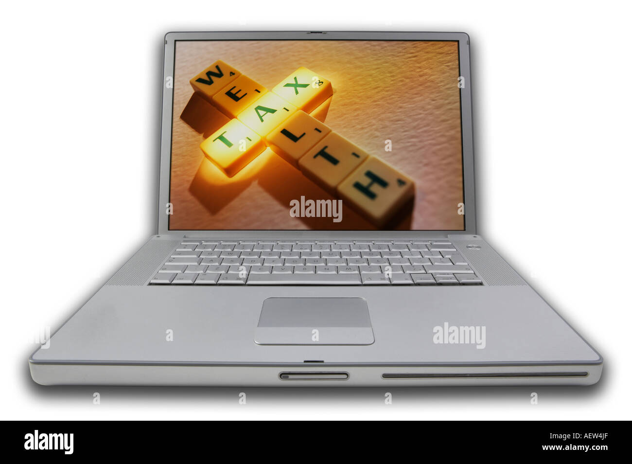 LAP TOP COMPUTER WITH SCRABBLE LETTERS ON SCREEN SPELLING WORDS WEALTH ...