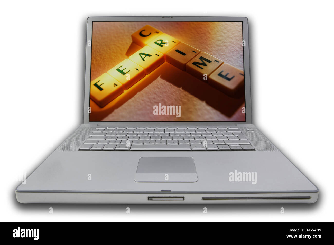 LAP TOP COMPUTER WITH SCRABBLE LETTERS ON SCREEN SPELLING WORDS CRIME ...