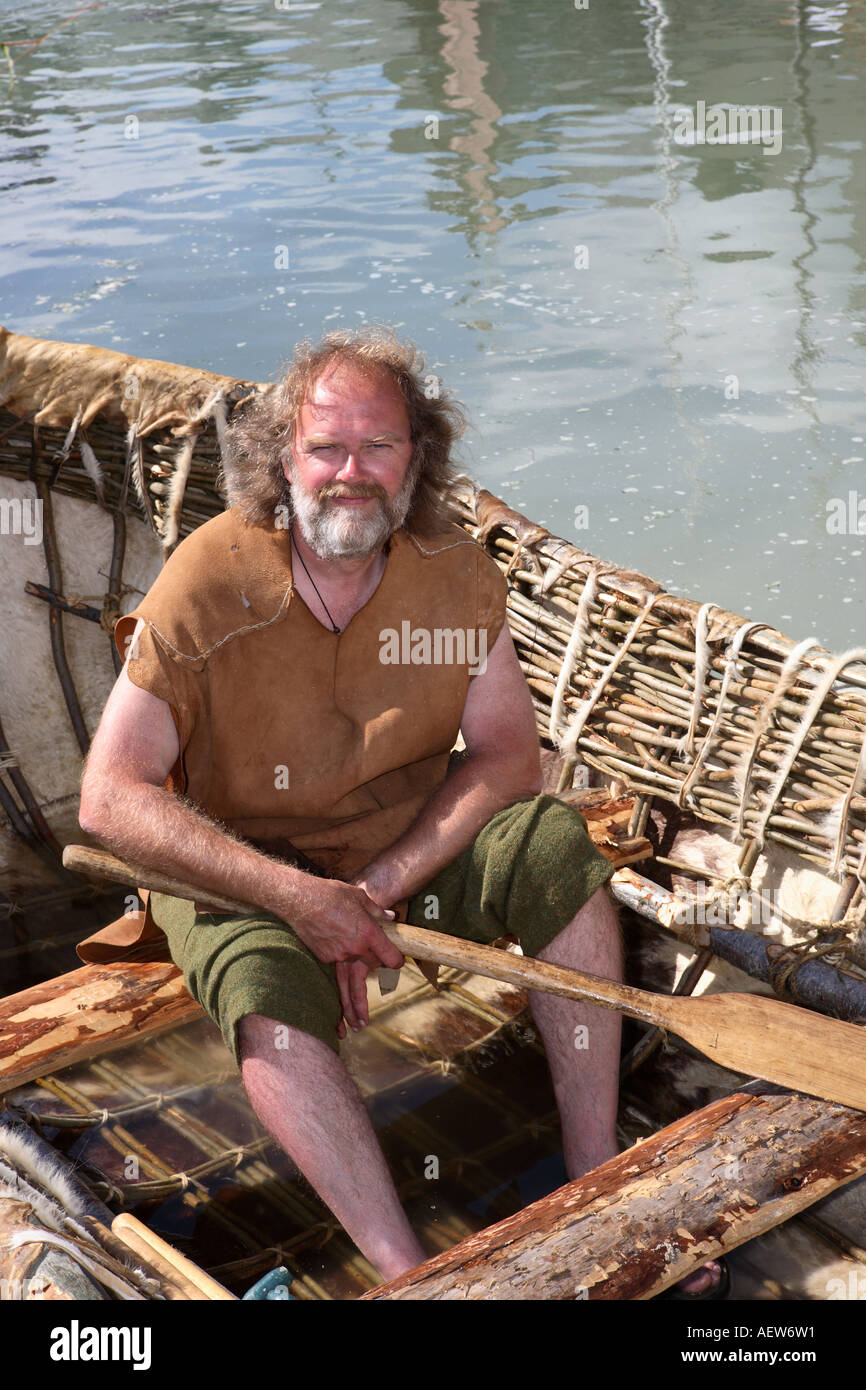 Neolithic animal skin coracle, wicker frame boat covered with skins ...