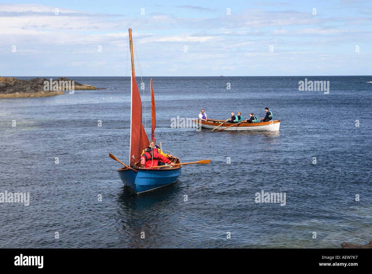 Yachts, small dingies, rowing boats near Portsoy Harbour wall. Scottish ...