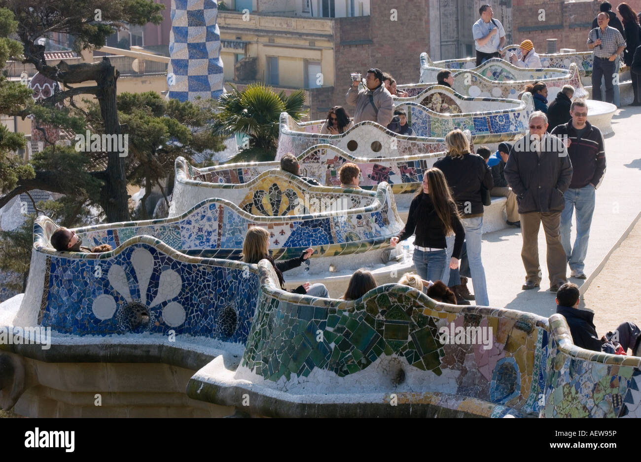 Snakebench at Parc Guell in Barcelona, Spain, designed by Gaudi Stock ...