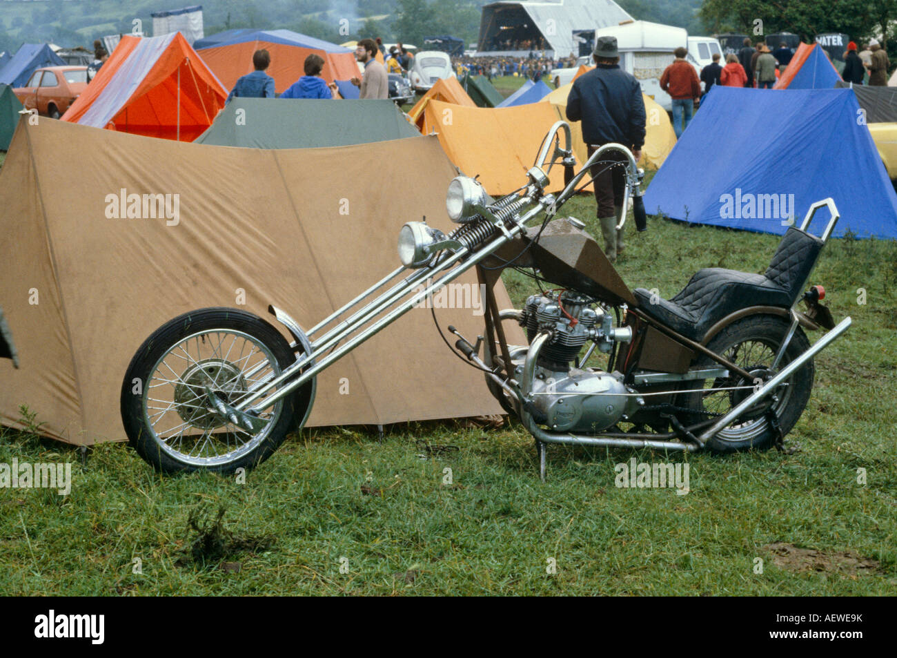 Chopper Motorcycle In Camping Field Glastonbury Festival Somerset UK ...
