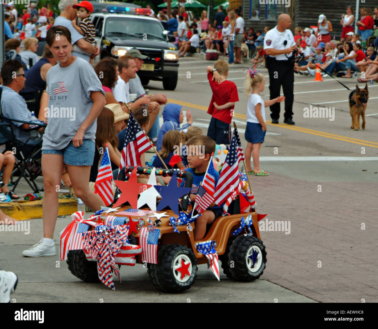 Battery powered car jeep decorated with American flags and colors ...