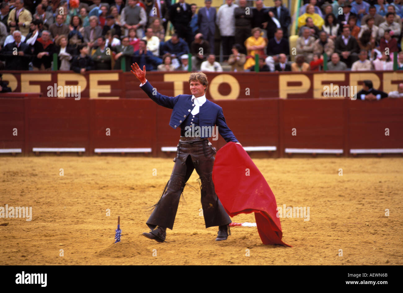 Rejoneador Fermin Bohorquez with blood on his hands after the rejoneo ...
