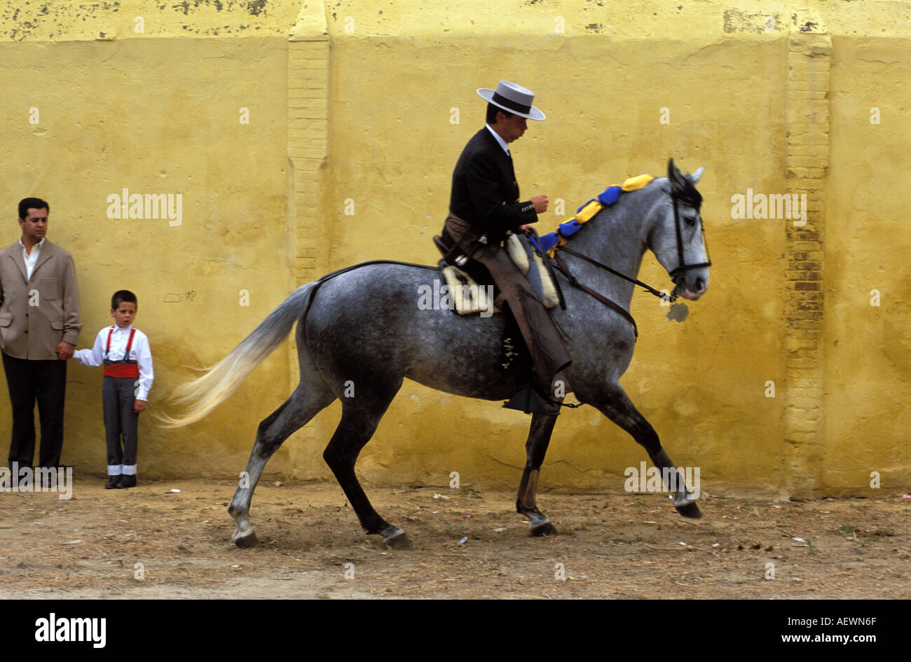 Rejoneador Luis Domecq riding his horse outside the arena before the ...
