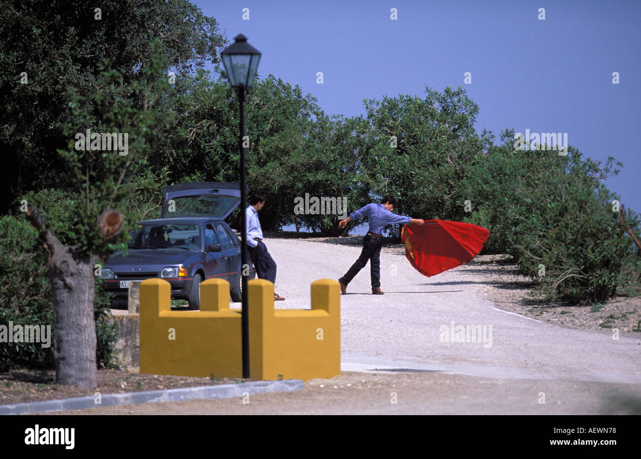 Two toreros practising before a tentadero Stock Photo - Alamy