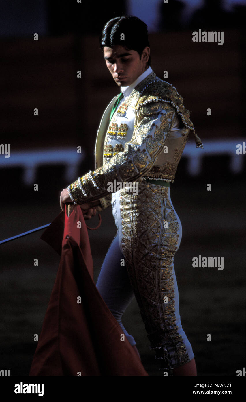 Bullfighter is watching the bull over his shoulder after he made a move ...