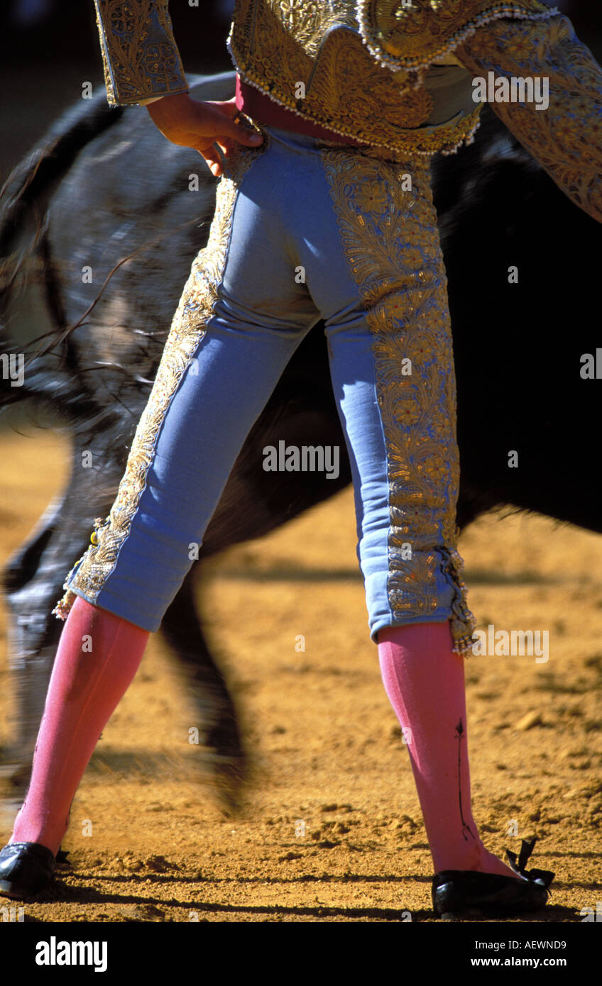 Bullfighter and bull in the arena Stock Photo - Alamy