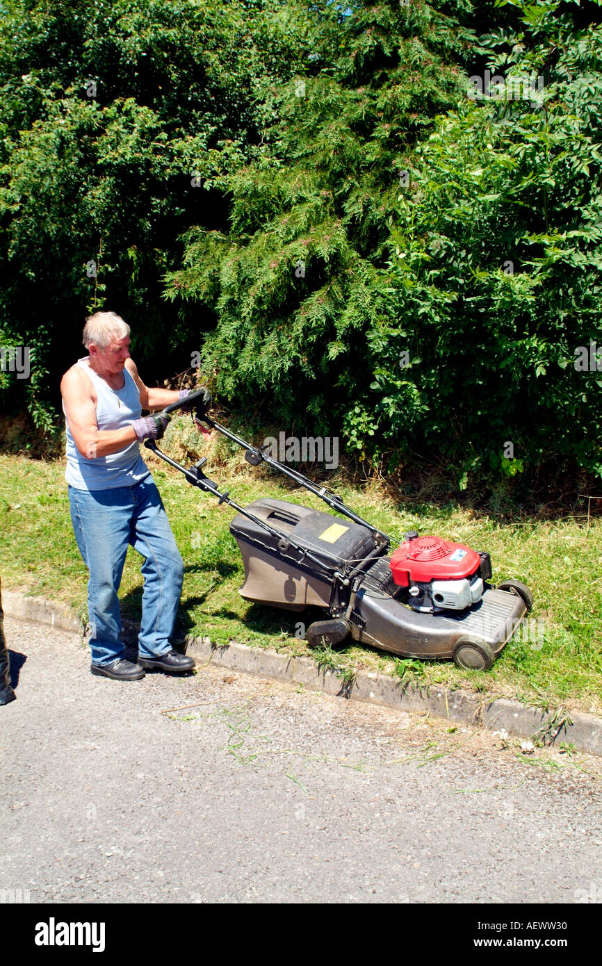 A professional gardener using his rotory lawn mower to cut the grass in ...