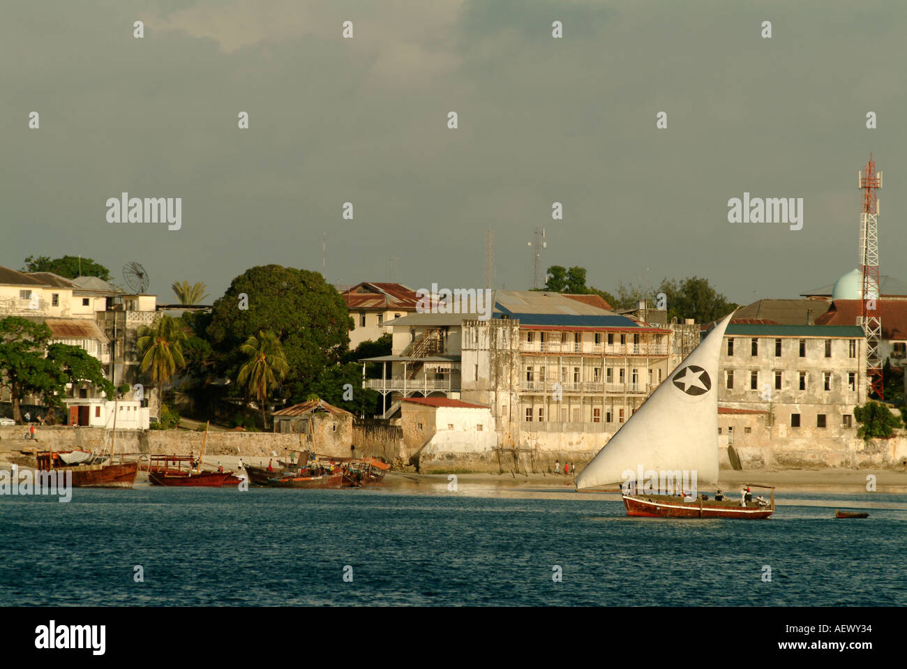 Dhow on the Zanzibar channel just outside the harbour. Zanzibar, Africa ...