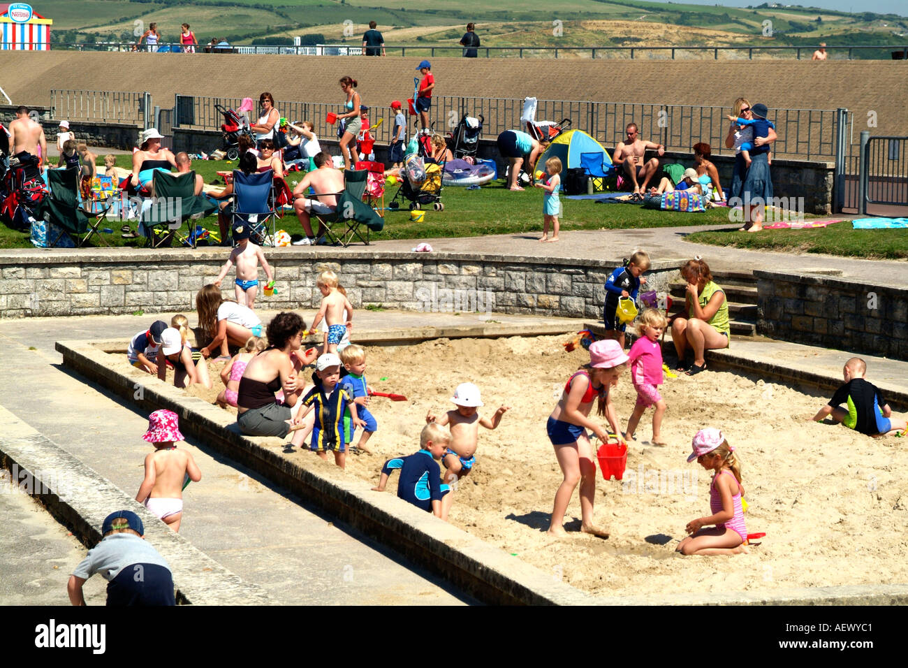 Pre-K Children playing at an outdoor creche in Weymouth, Dorset Stock ...