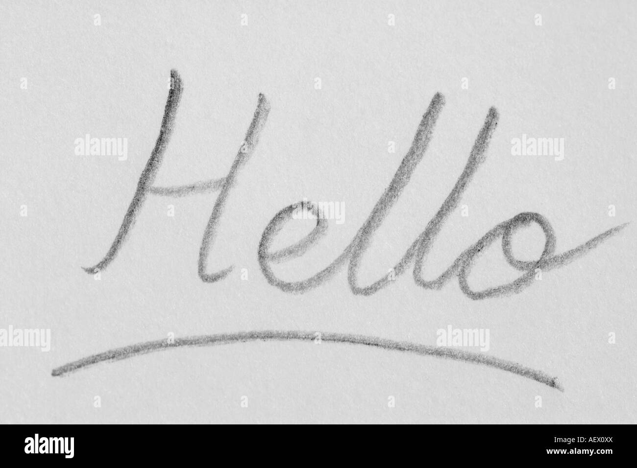 Hello sign written in pencil on paper Stock Photo - Alamy