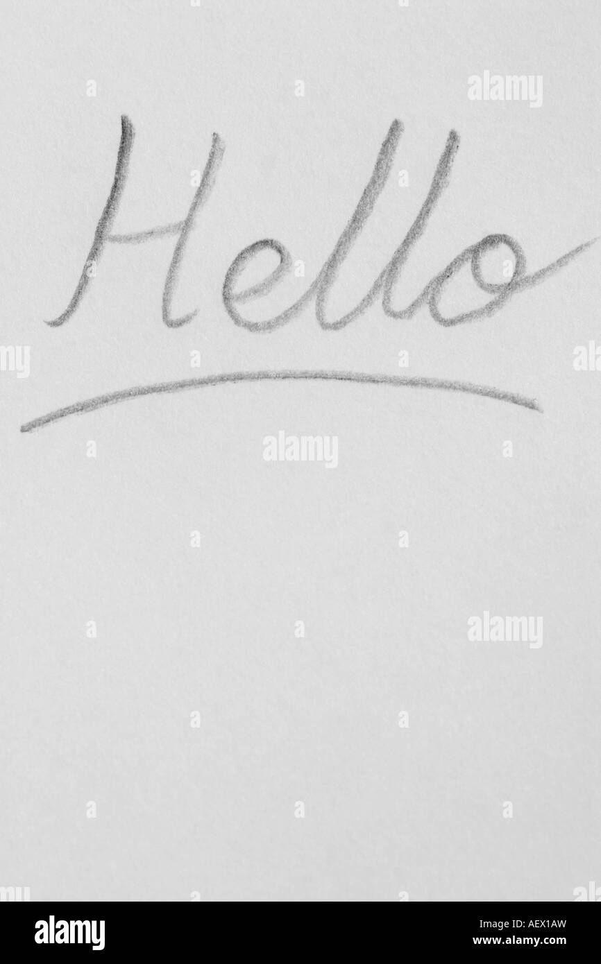 Hello sign written in pencil on paper Stock Photo - Alamy