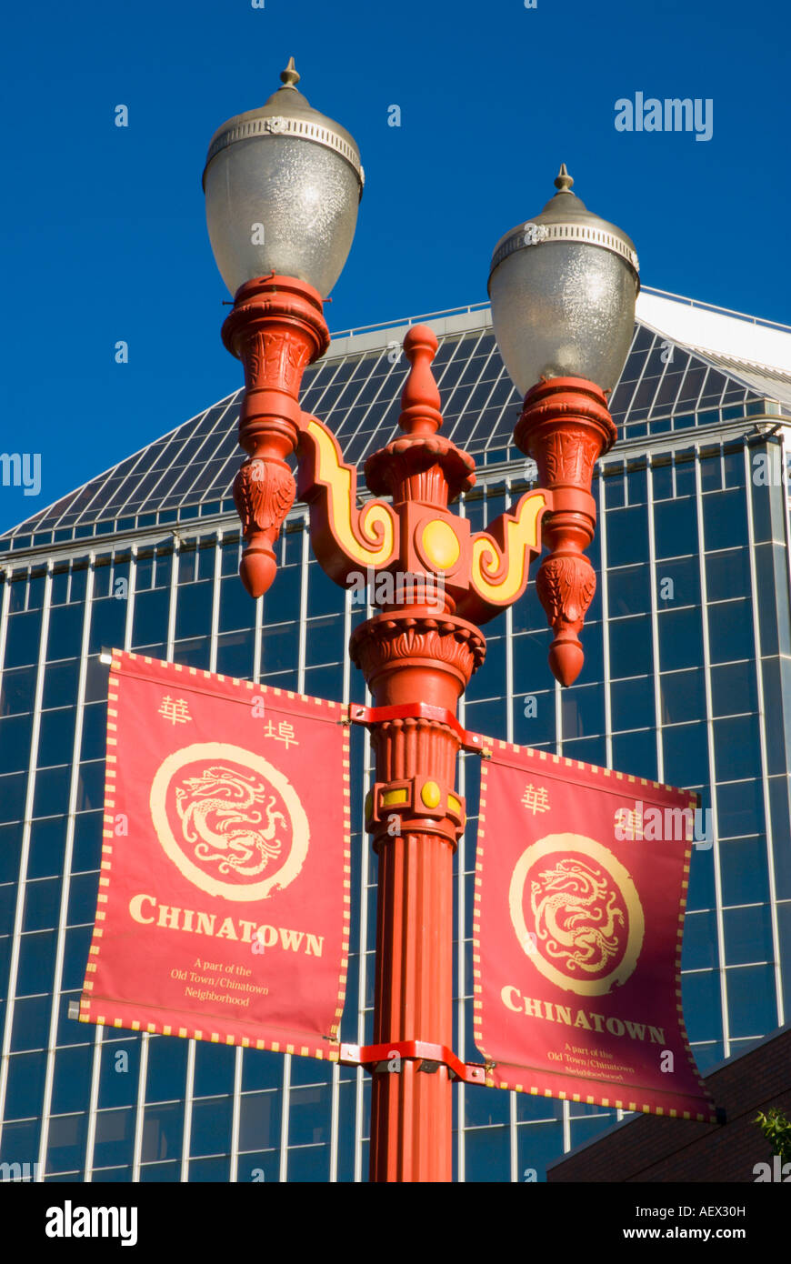 Red street lamps and banners in Chinatown Portland Oregon Stock Photo ...