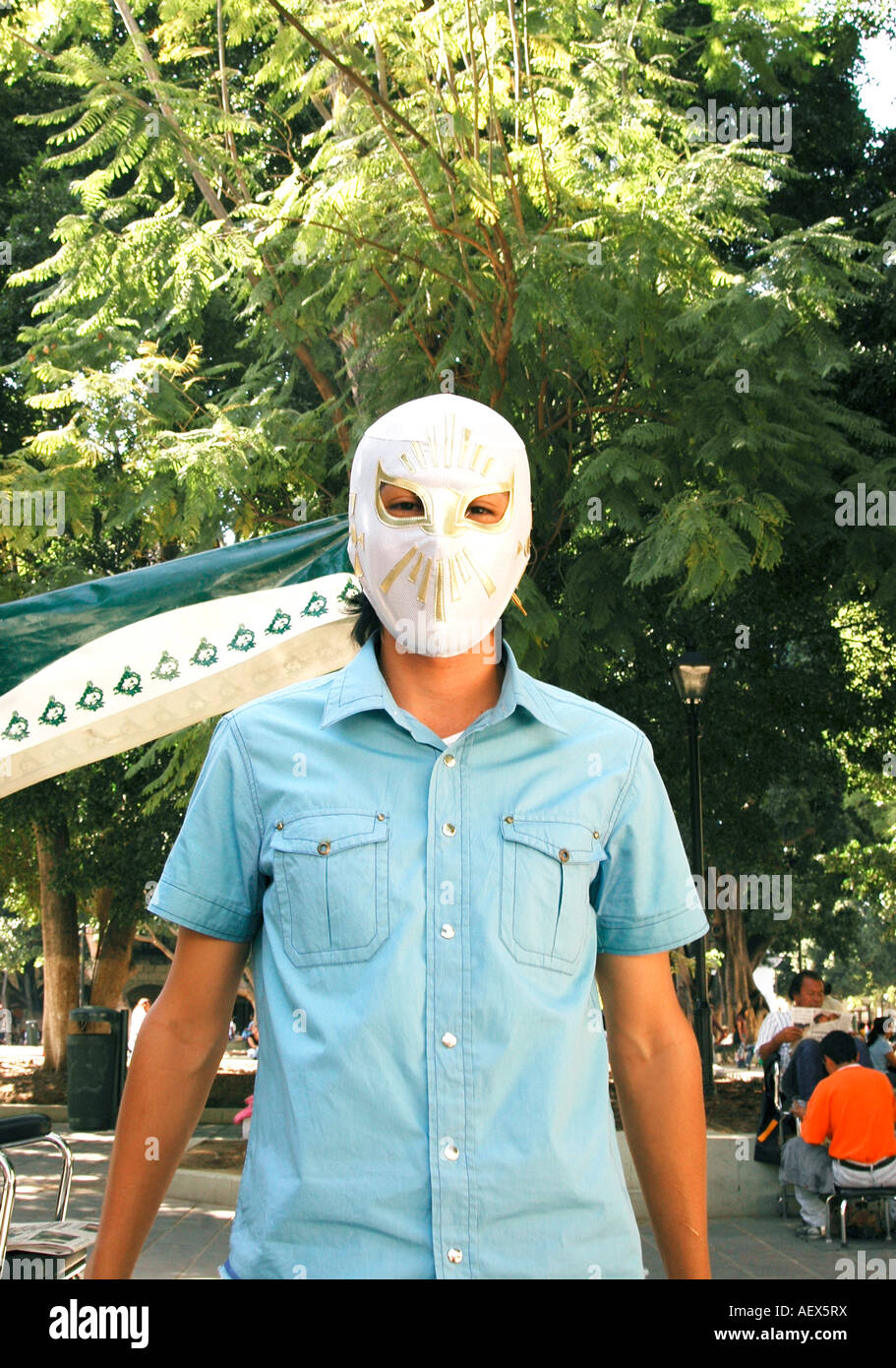 Young wrestling fan wears a mask, Zocalo, Oaxaca city, Mexico Stock ...