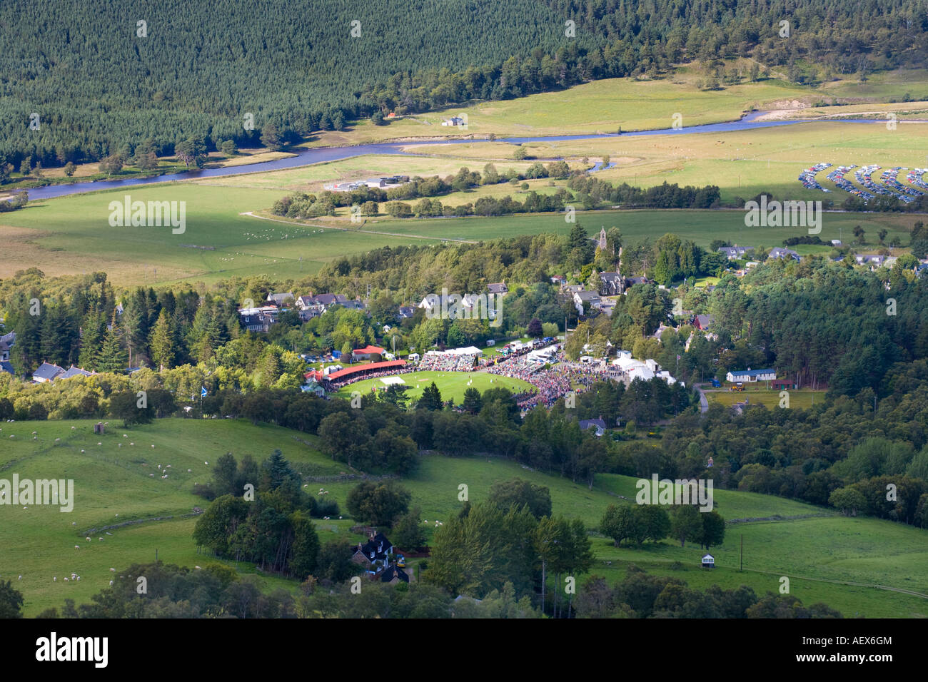 A view from above, Landscape of Braemar, The Highland games park in the ...