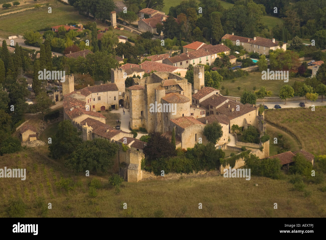 Aerial view of castle and ancient fortified bastide village of ...