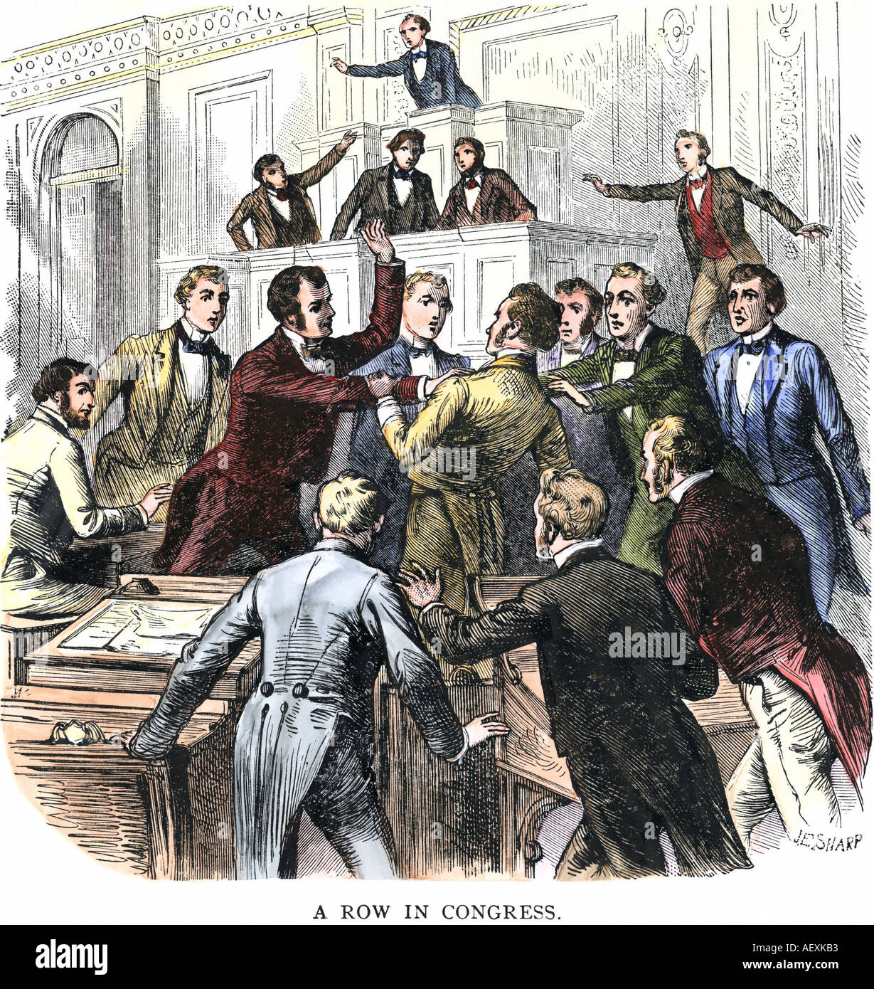 Fistfight between Congressmen who disagree early 1800s. Hand-colored ...