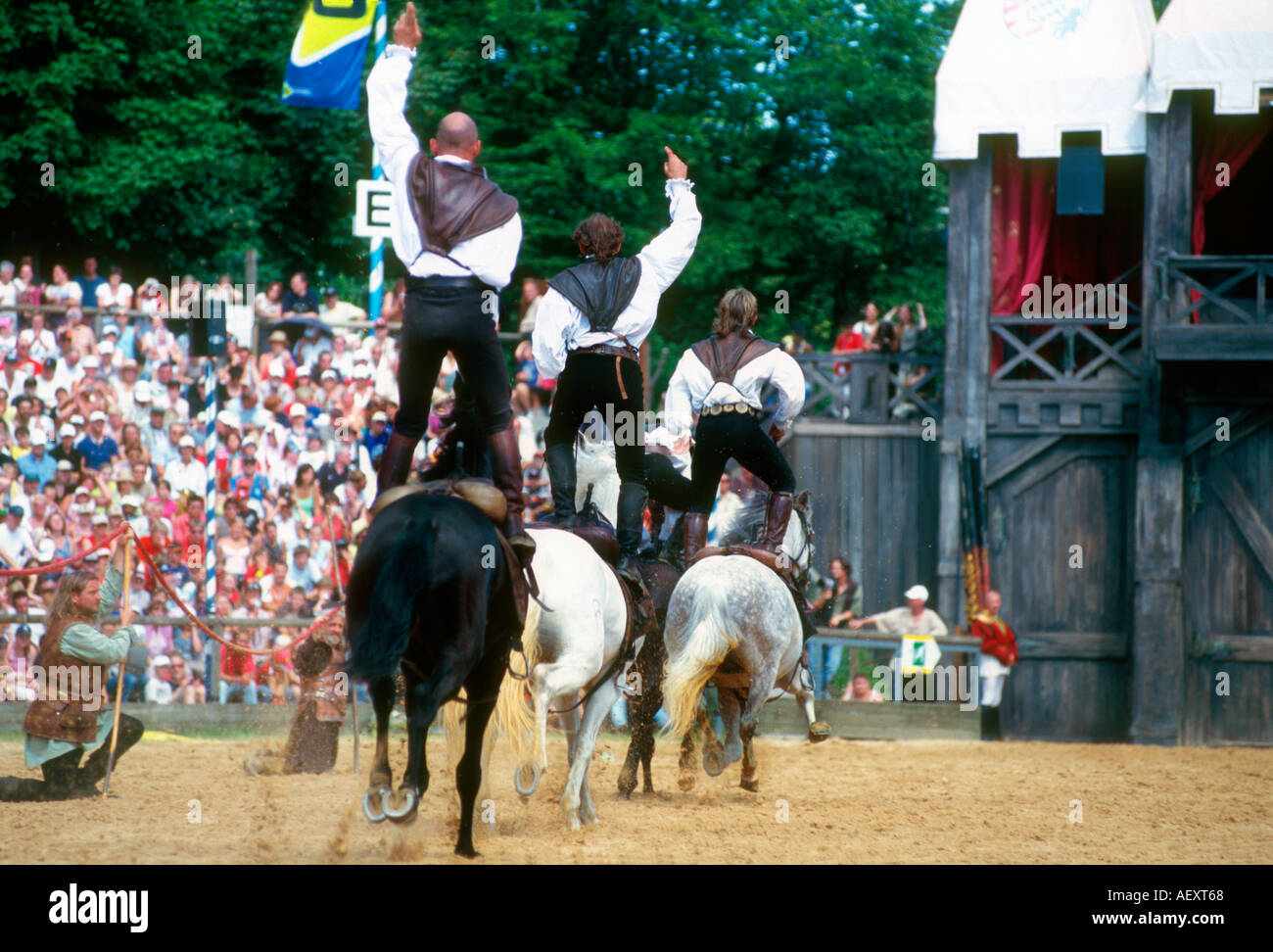 Knights on horse holding lance flag in tournament Medieval festival in ...