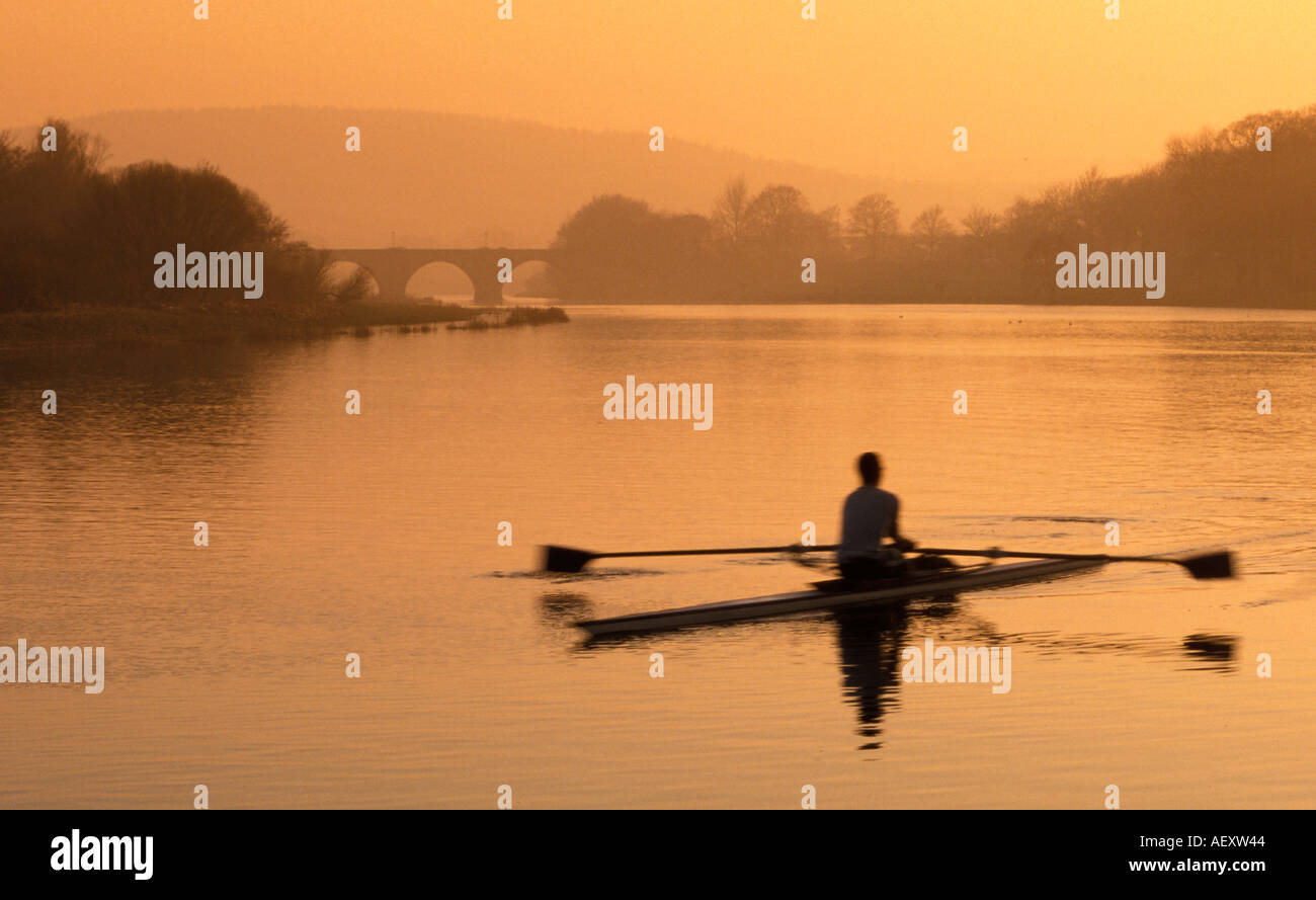 A landscape format image of a single rower on the River Dee Aberdeen ...