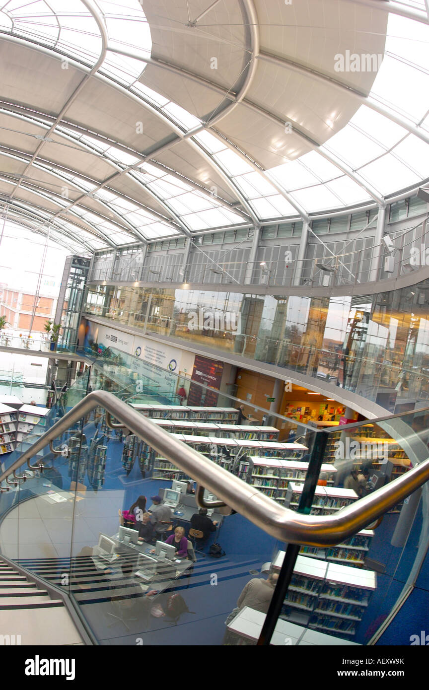 MAIN STAIRCASE INTO THE FORUM LIBRARY, NORWICH, ENGLAND, UK Stock Photo ...