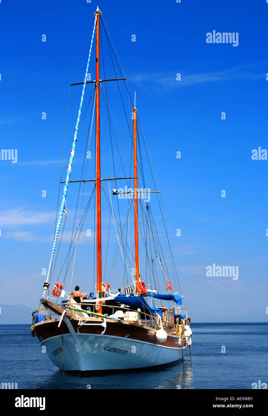 Full frame portrait format image of a Turkish Gullet yacht moored in ...