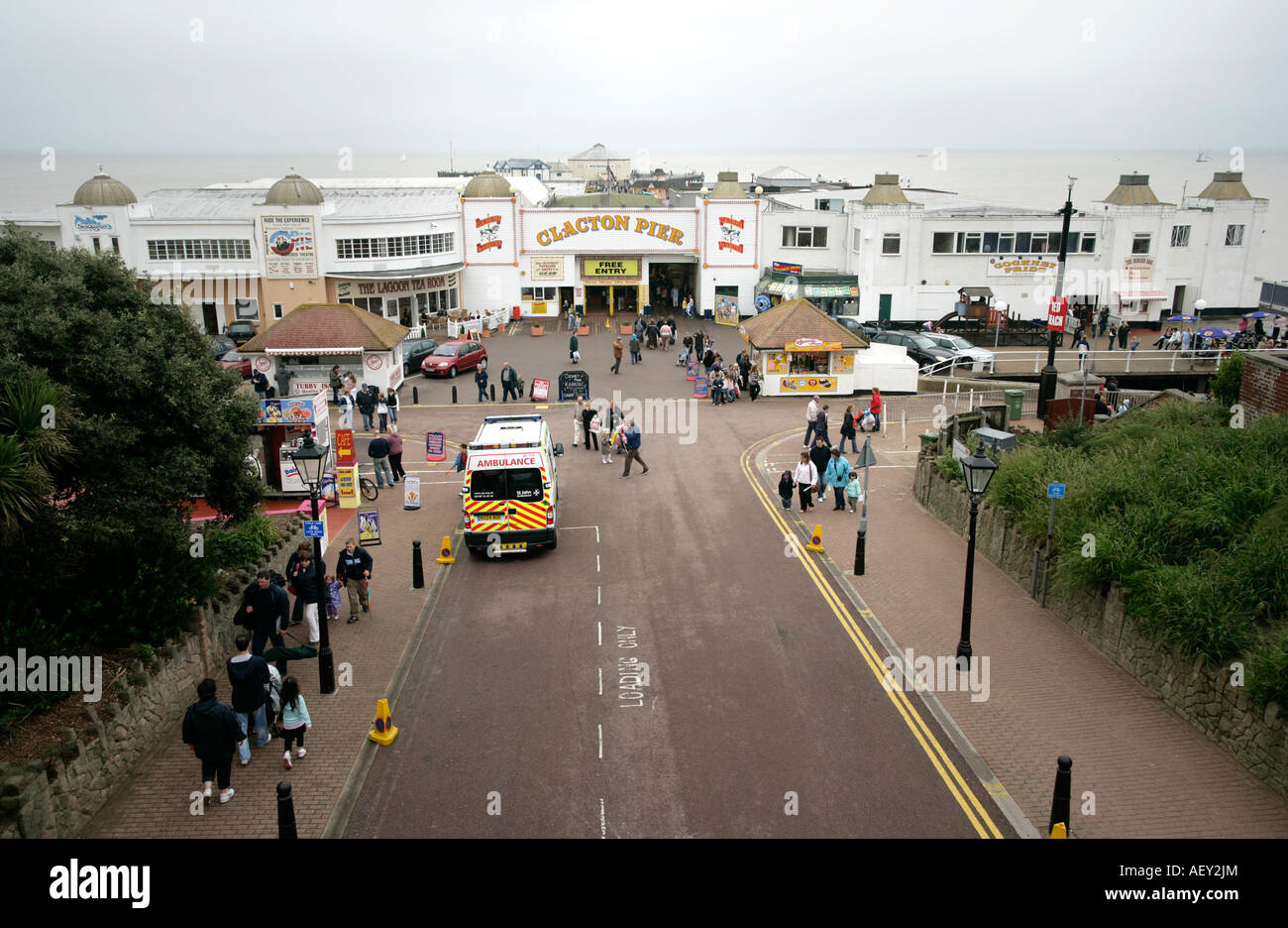 The entrance to Clacton pier on a grey day in summer, Clacton on Sea ...