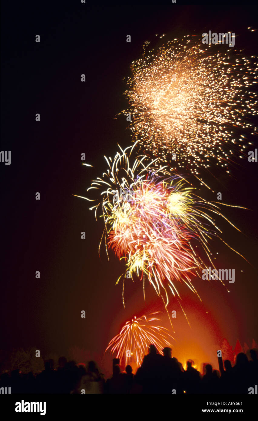 Fireworks display with people silhouetted Stock Photo - Alamy