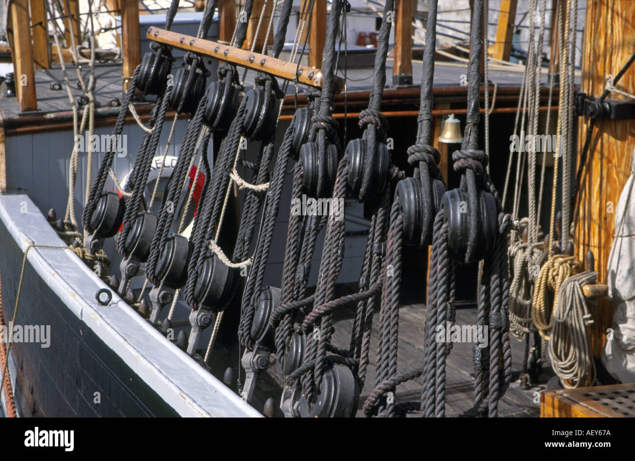 Ropes and tackle on old sailing ship Charleston Cornwall England Stock ...
