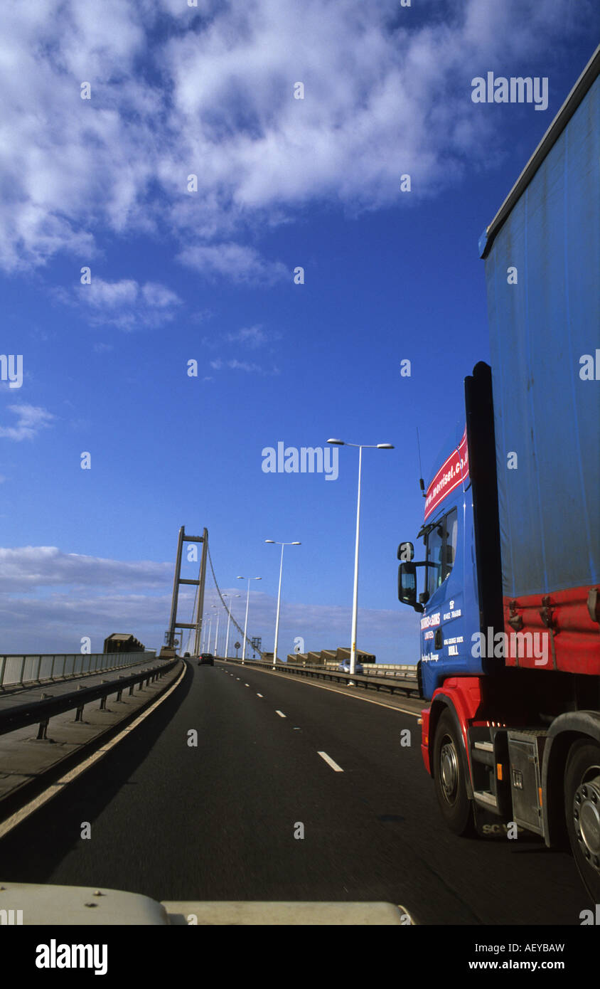 lorry crossing the humber bridge over the humber estuary linking ...