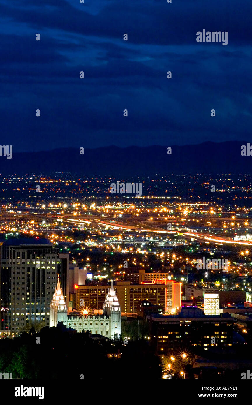 View of the Salt Lake valley looking west as night falls city lights ...
