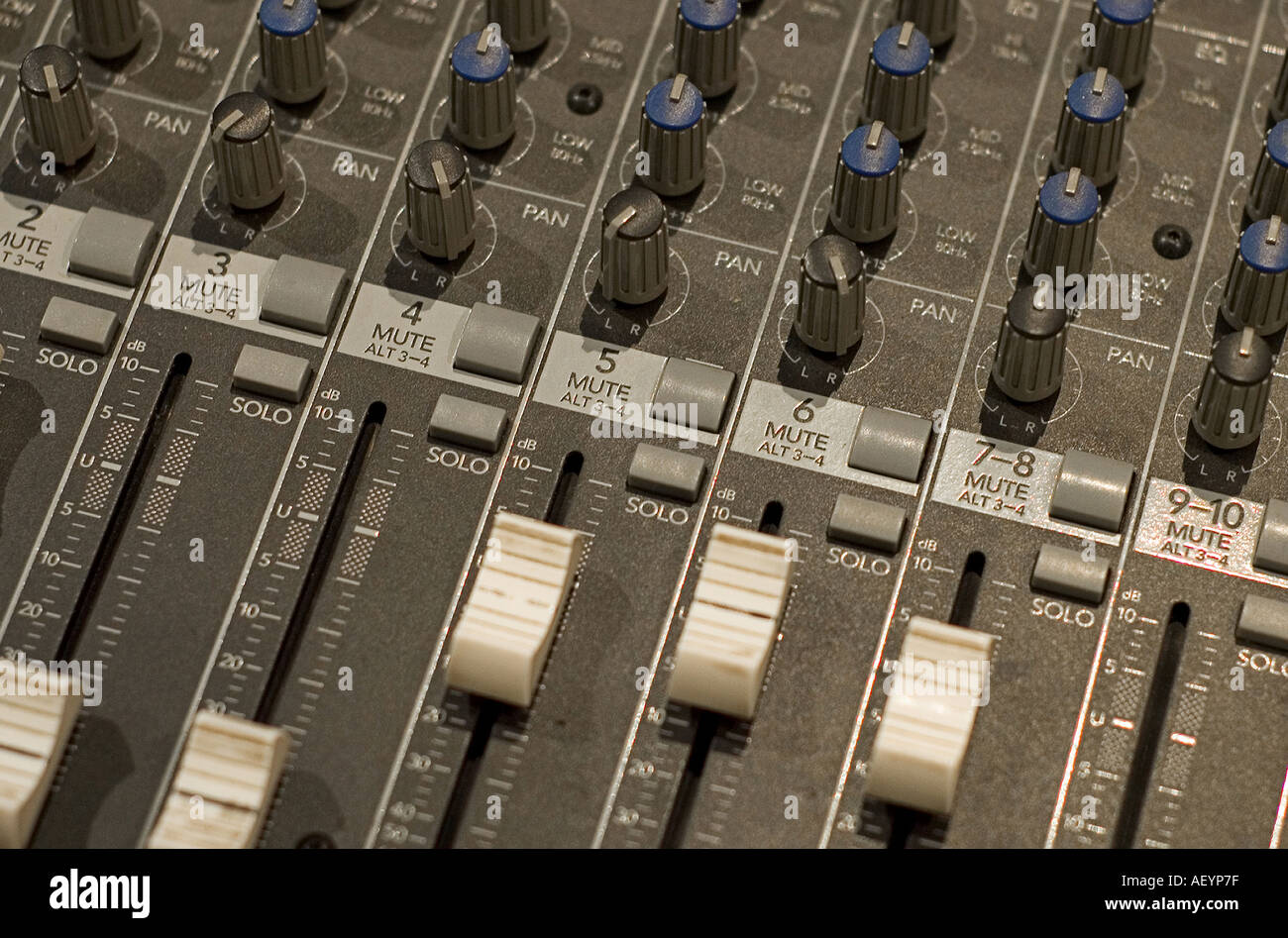 Overhead close up of an audio mixing board Stock Photo - Alamy