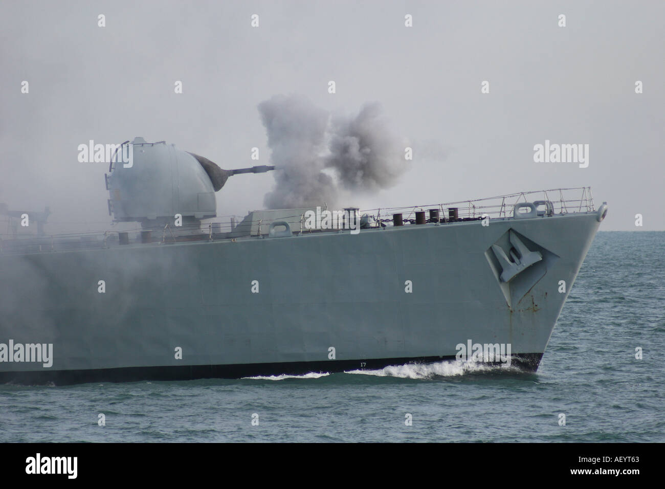 Royal Navy Type 42 Destroyer firing 4 5 inch cannon on exercise Stock ...