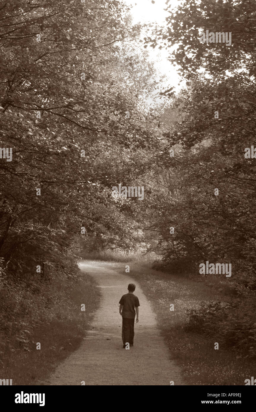 Boy Walking Along A Woodland Path Stock Photo - Alamy
