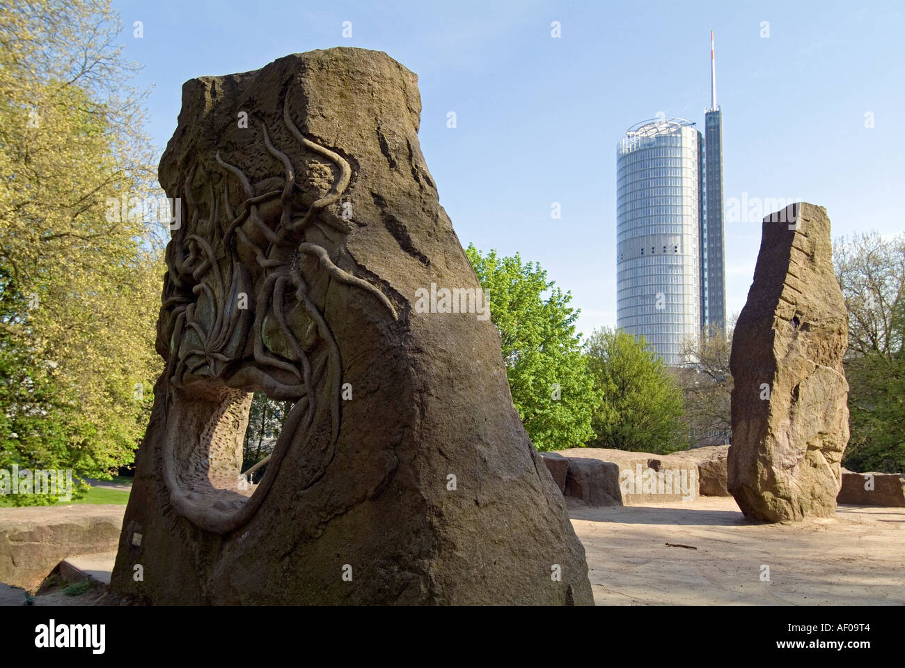 Essen town garden RWE tower in background Stock Photo - Alamy