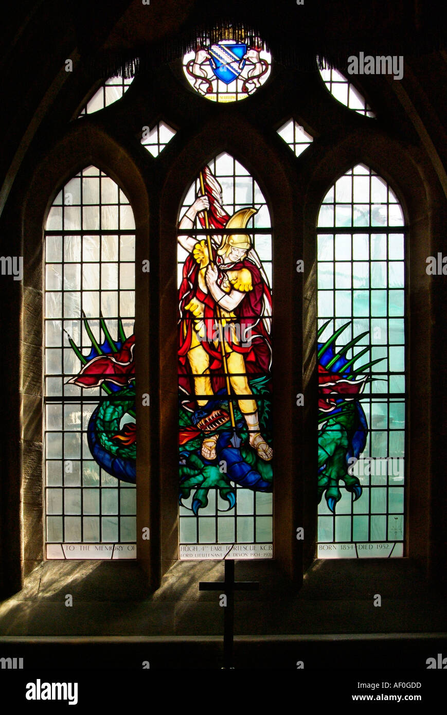 Stained glass window George and Dragon Exeter Cathedral England UK ...